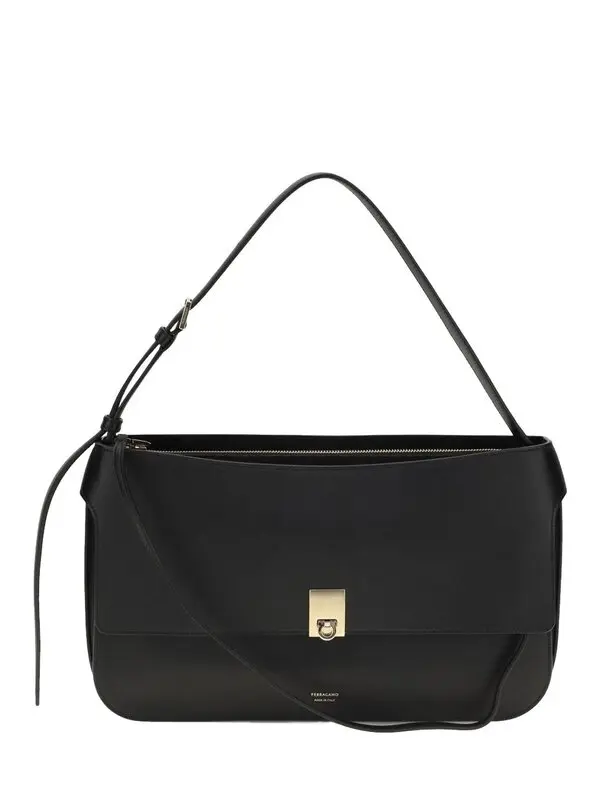 FERRAGAMO Small Calfskin Leather Shoulder Bag With Gancini Logo - Black