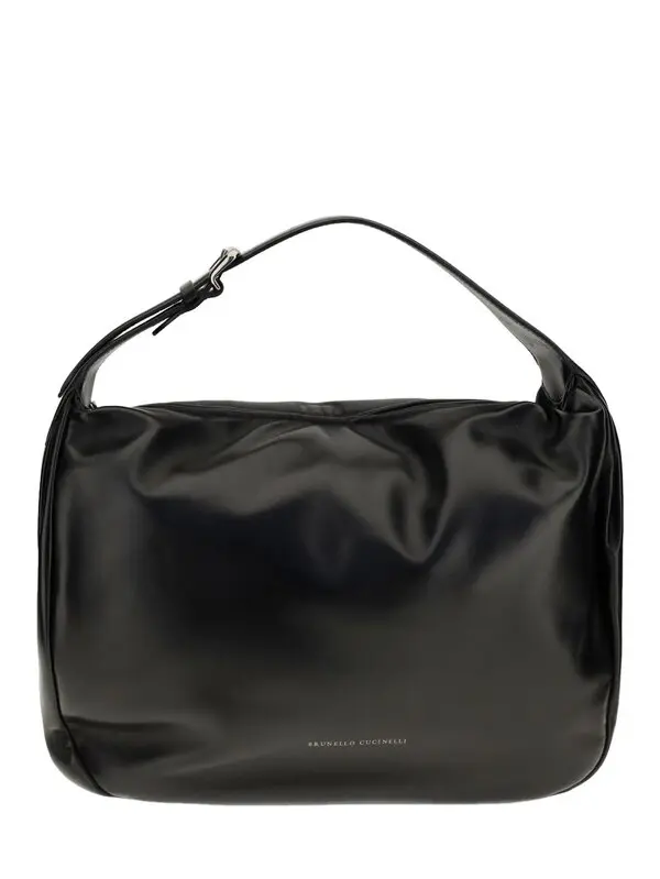 Brunello Cucinelli Calfskin Leather Handbag With Adjustable Handle - Black