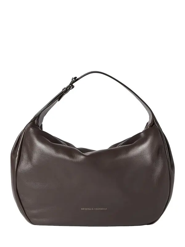 Brunello Cucinelli Calfskin Leather Handbag With Adjustable Handle - Dark