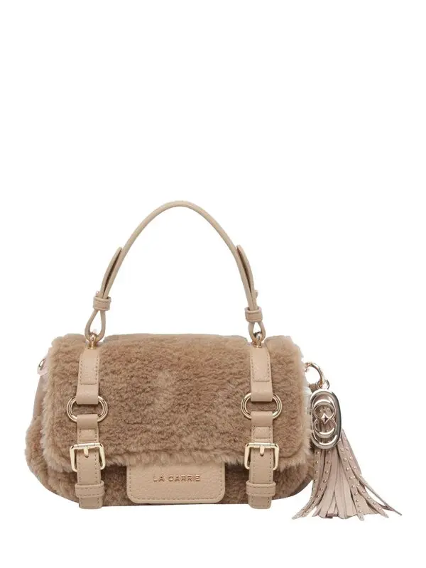 LA CARRIE Faux Fur Mini Handbag With Fringes, Logo Charm And Flat Handle - Beige