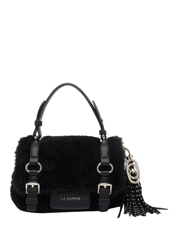 LA CARRIE Faux Fur Mini Handbag With Fringes, Logo Charm And Flat Handle - Black
