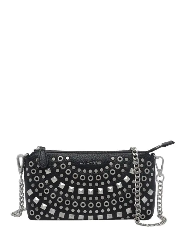 LA CARRIE Embroidered Crossbody Bag With Studs, Rhinestones And Chain Strap - Black