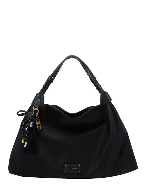 LA CARRIE Nylon Shoulder Bag With Double Adjustable Handle And Charm - Black