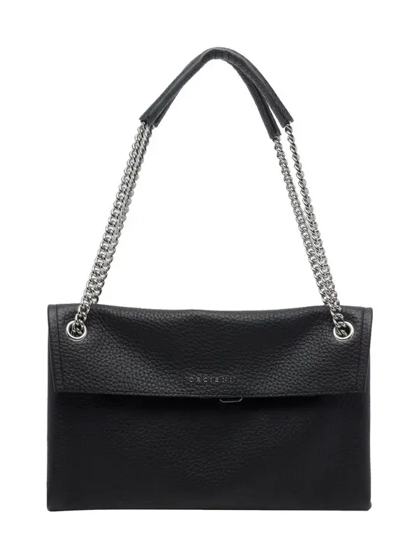 Orciani Venus Rectangular Hammered Leather Shoulder Bag With Sliding Handle - Black