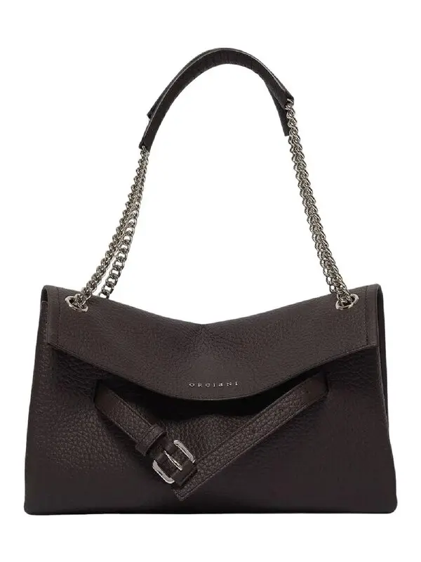 Orciani Venus Rectangular Hammered Leather Shoulder Bag With Sliding Handle - Dark