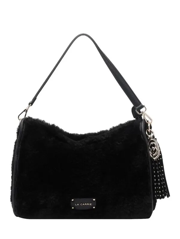 LA CARRIE Faux Fur Shoulder Bag With Removable Handle, Strap And Tassels - Black
