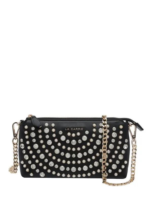 LA CARRIE Andromeda Polyurethane Crossbody Bag With Studs And Rhinestones - Black