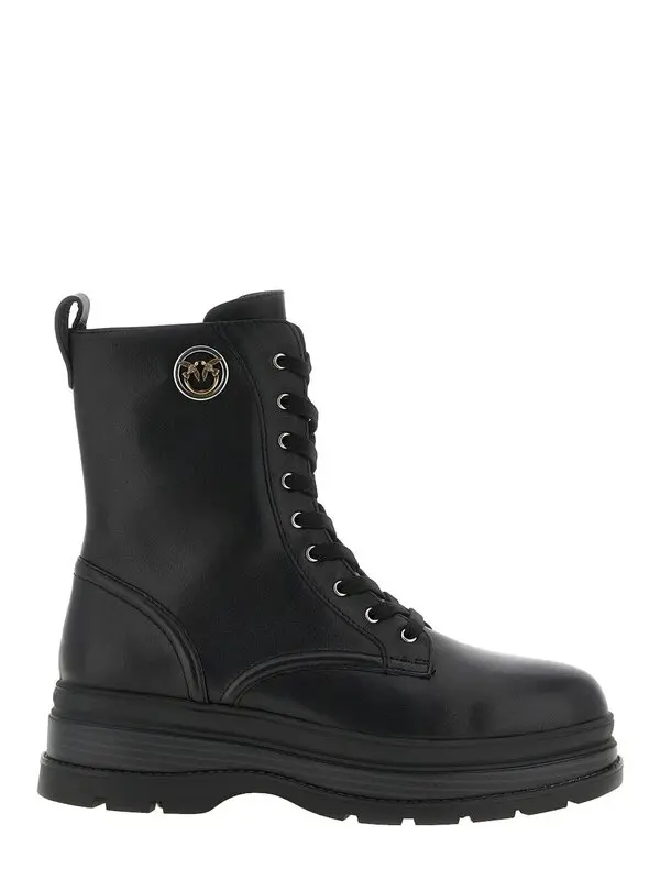 Pinko Eva Leather Combat Boots With Love Birds Logo And Lug Sole - Black