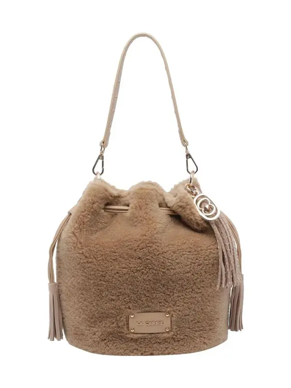 LA CARRIE Faux Fur Shoulder Bag With Drawstring Closure - Beige