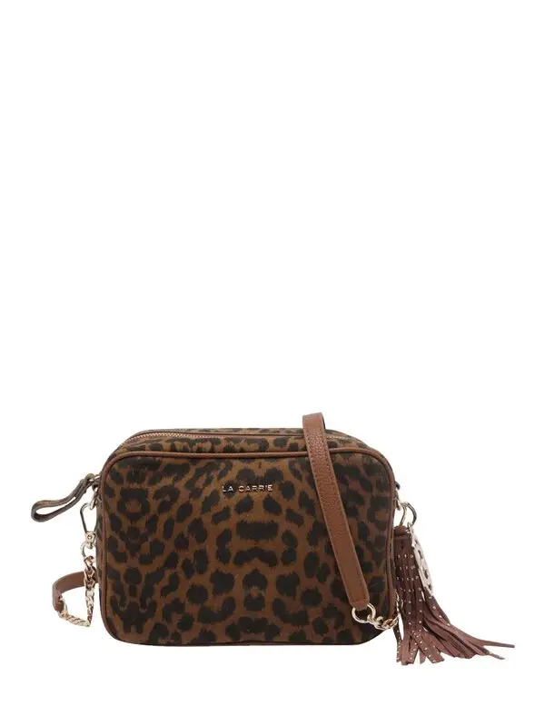 LA CARRIE Suede Mini Camera Bag With Animal Print And Charms - Brown