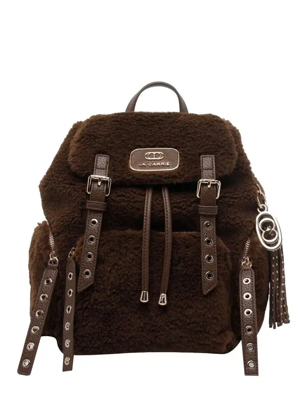 LA CARRIE Faux Fur Backpack With Adjustable Straps, Tassels And Charm - Brown