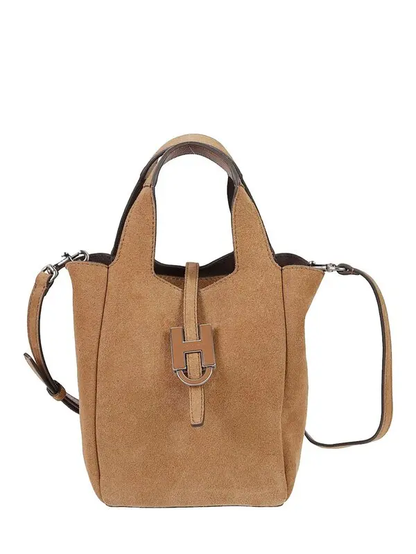 Hogan Suede Mini Tote Bag With Double Handle And Embossed Logo - Beige