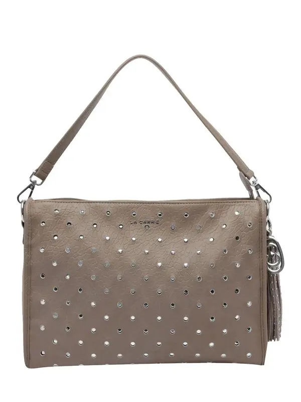 LA CARRIE Embroidered Polyester Shoulder Bag With Logo Charm - Beige