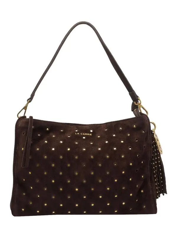 LA CARRIE Embroidered Polyester Shoulder Bag With Logo Charm - Brown