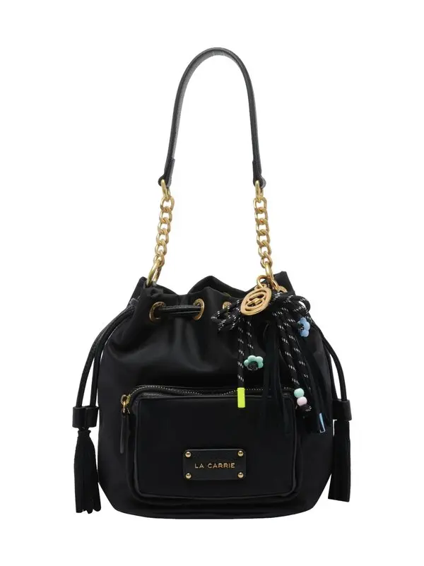 LA CARRIE Nylon Bucket Bag With Chain-link Handle And Removable Strap - Black