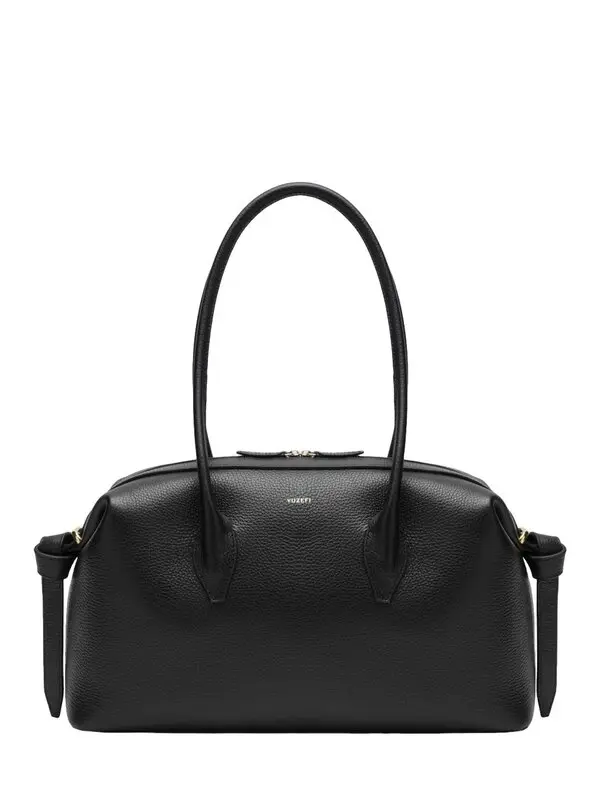 Yuzefi Brioche Duffle Hammered Leather Rounded Shoulder Bag With Zip Closure - Black