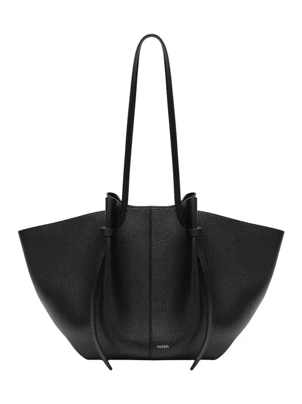 Yuzefi Mochi Hammered Leather Flared Shoulder Bag With Laminated Logo - Black