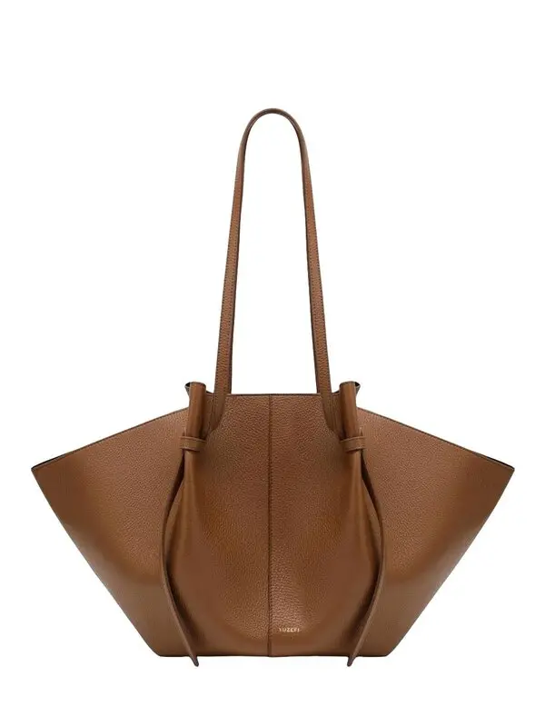 Yuzefi Mochi Hammered Leather Flared Shoulder Bag With Laminated Logo - Natural