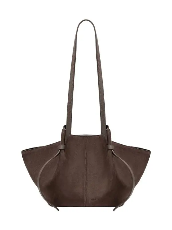 Yuzefi Mochi Suede Flared Shoulder Bag With Embossed Logo - Brown