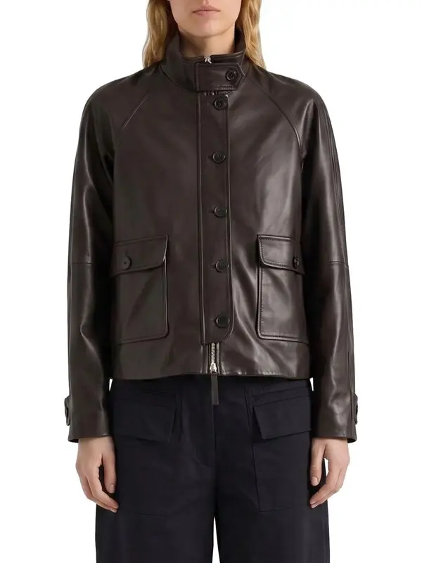 Proenza Schouler Cropped Smooth Lambskin Leather Jacket With High Neck And Pockets - Coffee