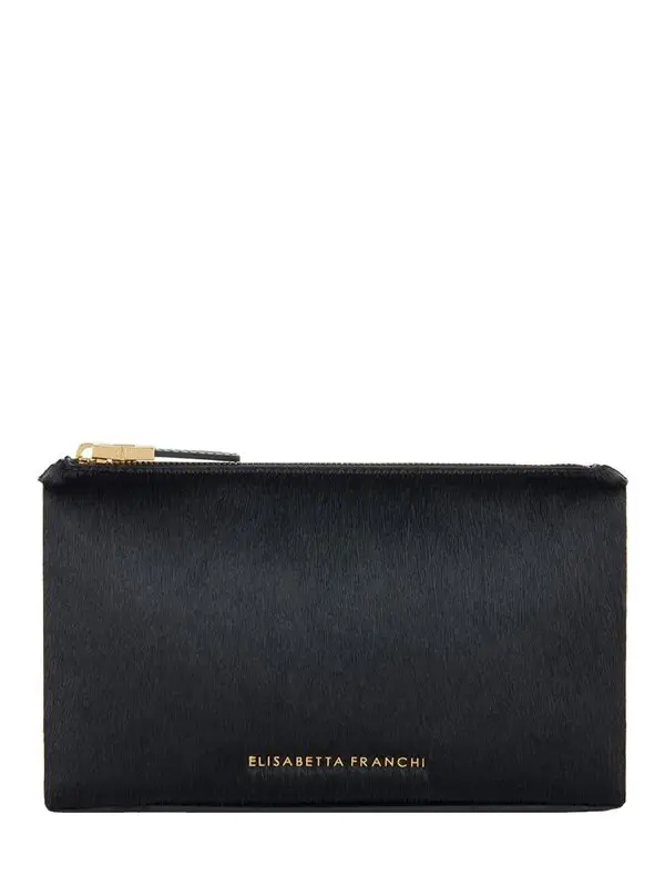 Elisabetta Franchi Rigid Pony Hair Leather Clutch With Metallic Profiles And Zip Closure - Black