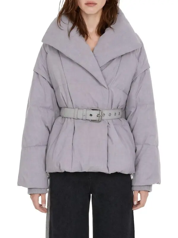 Patrizia Pepe Relaxed Fit Short Puffer Jacket With Shawl Collar And Removable Sleeves - Grey