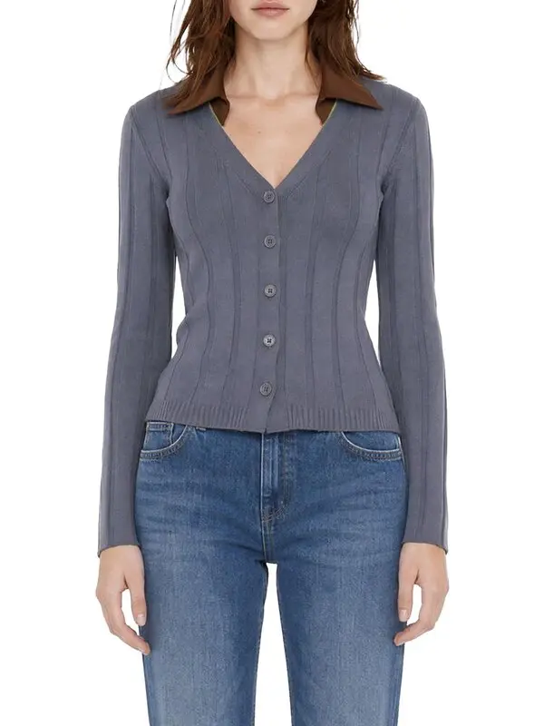 Patrizia Pepe Slim Fit Ribbed Cotton Blend V-neck Cardigan - Grey
