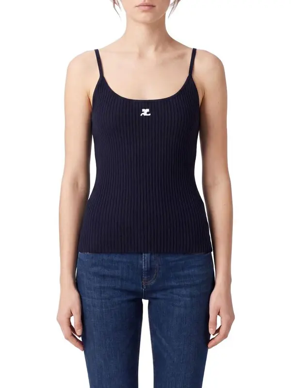 COURREGES Ribbed Jersey Slim Fit Top With Contrasting Embroidered Logo - Blue
