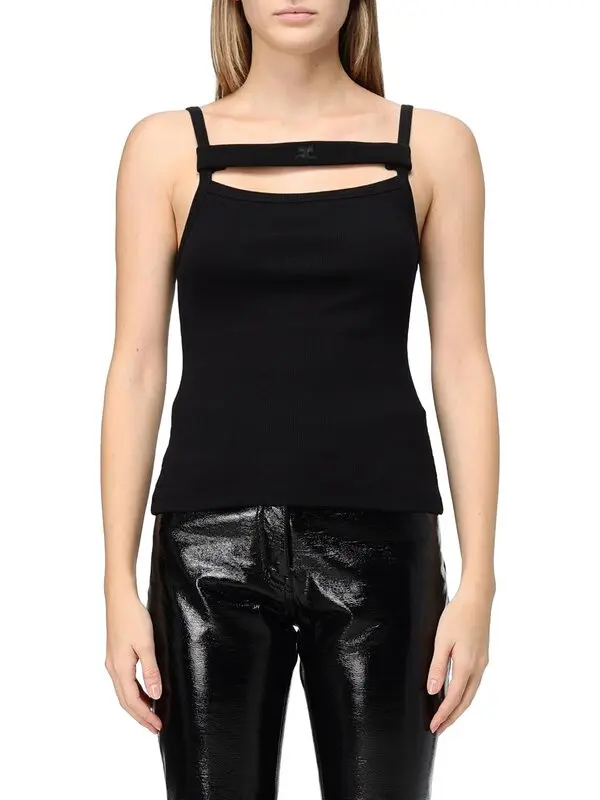 COURREGES Ribbed Cotton Jersey Top With Square Neckline - Black