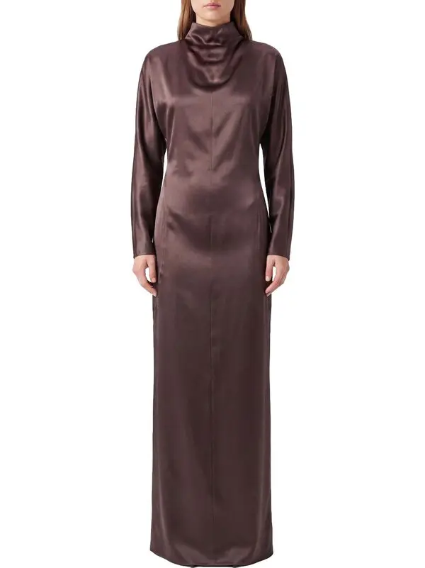 Max Mara Long Silk Sheath Evening Gown With Draped High Neck - Grey