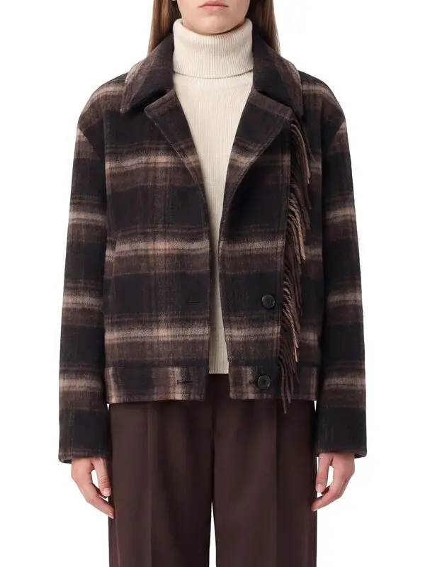 Isabel Marant Étoile Short Single-breasted Check Wool-blend Coat With Fringes - Black