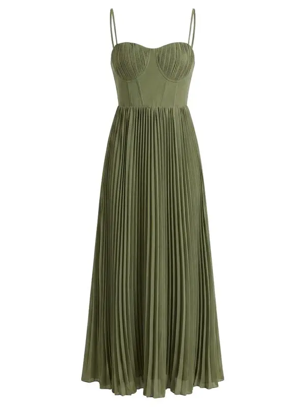 MODENAIRE Pleated Bustier Maxi Dress With Adjustable Straps And Smocked Back - Green