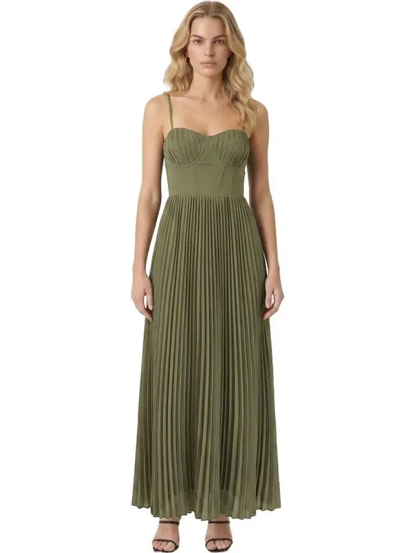 MODENAIRE Pleated Bustier Maxi Dress With Adjustable Straps And Smocked Back - Green