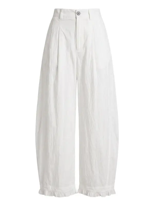 MODENAIRE High Waist Wide Leg Pants With Pleats And Ruffle Trim Hems - White
