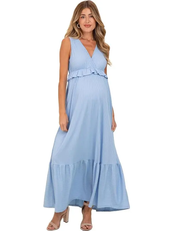 PINKBLUSH Blue Ribbed Sleeveless V-neck Ruffle Tiered Maxi Dress - Light Blue