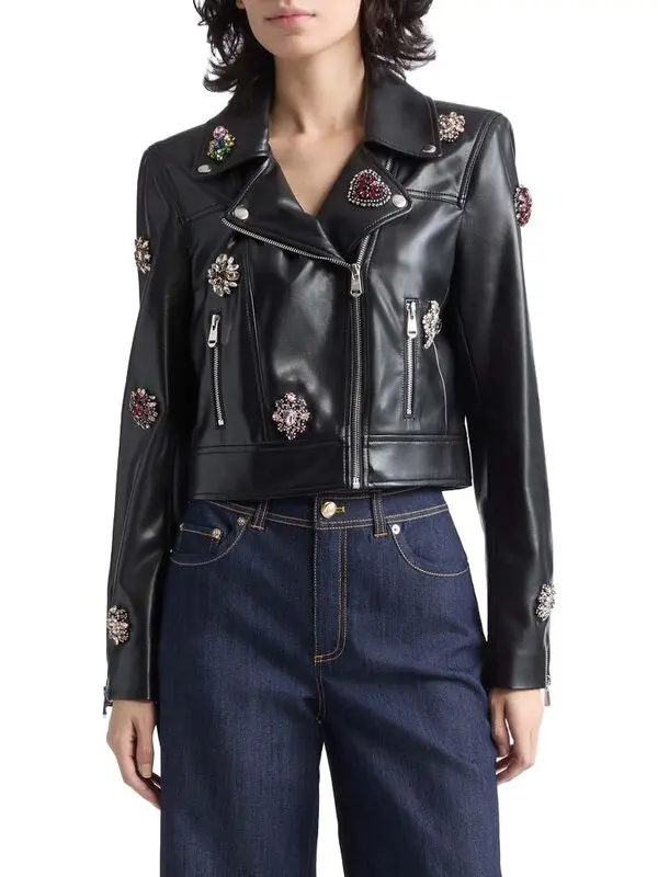 Cinq À Sept Genevieve Baroque Patches Faux Leather Moto Jacket - Black Multi