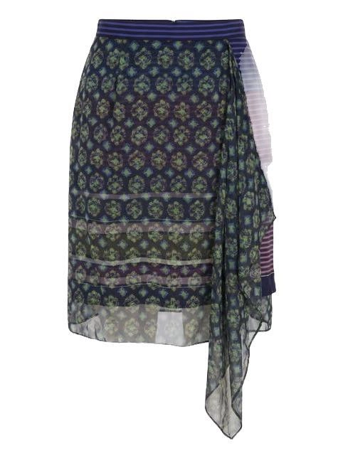 MODENAIRE Geometric Print Chiffon Midi Skirt With Draped Asymmetric Side Panel - Green