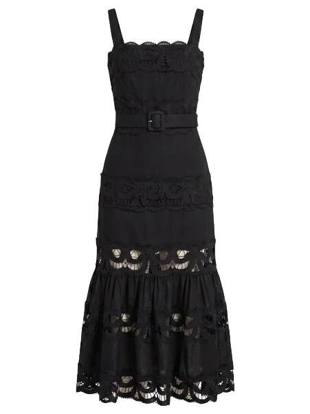 MODENAIRE Belted Lace Inset Midi Dress With Square Neck And Tie Skirt - Black