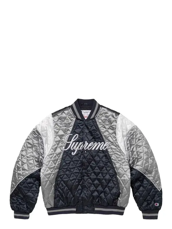 Supreme X Champion Fw26 Quilted Satin Varsity Jacket - Navy