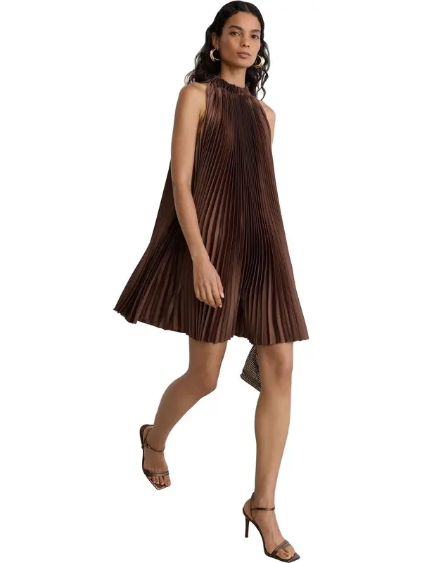 REISS Astrid Satin Pleated High-neck Mini Dress - Mocha Brown