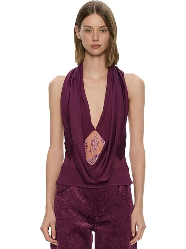Christopher Esber Cesura Cowl Lace Halter Top - Plum