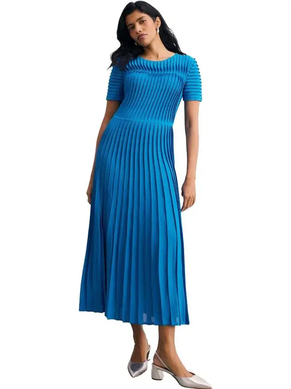 The Fold Allegra Stretch Knit Pleated Midi Dress - Blue