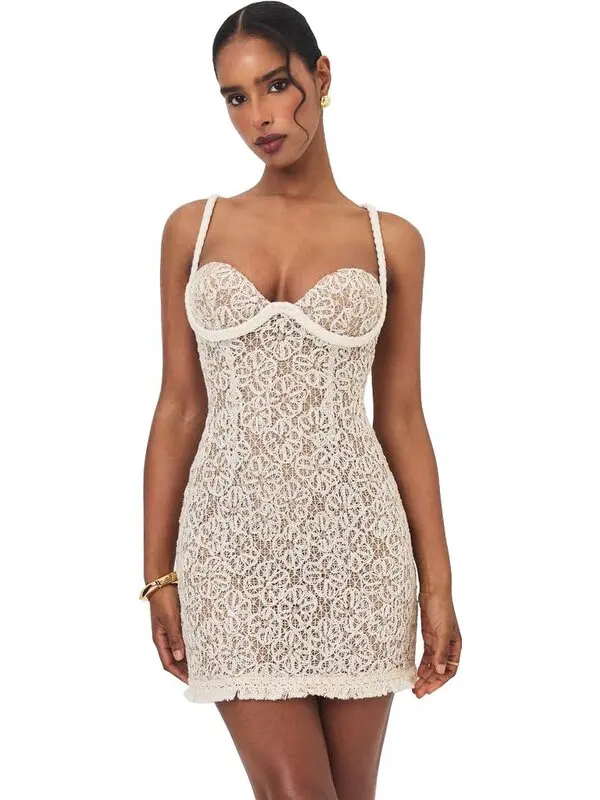 MISS CIRCLE NEW YORK Taliyah Braided-strap Chunky Lace Mini Dress - Cream