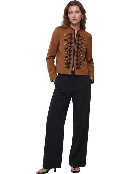 Koton Linen Blend Mandarin Collar Napoleon Jacket With Decorative Braided Trim - Brown