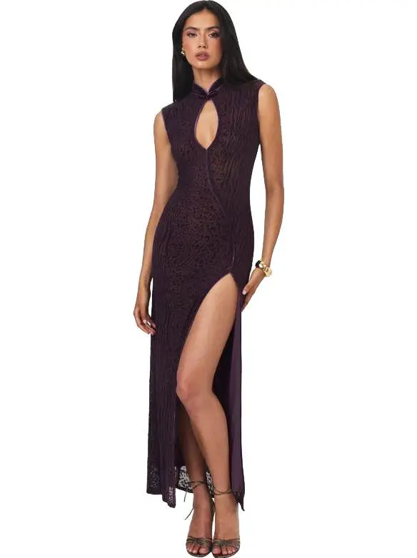 MISS CIRCLE NEW YORK Riona Burnout Velvet Mesh Keyhole Maxi Dress - Violet