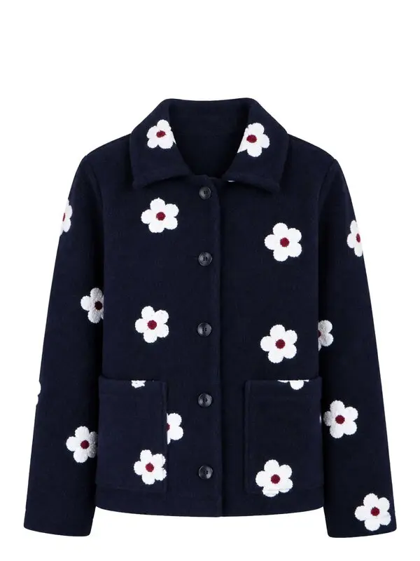 YUMI Navy Embroidered Daisy Fleece Jacket - Blue