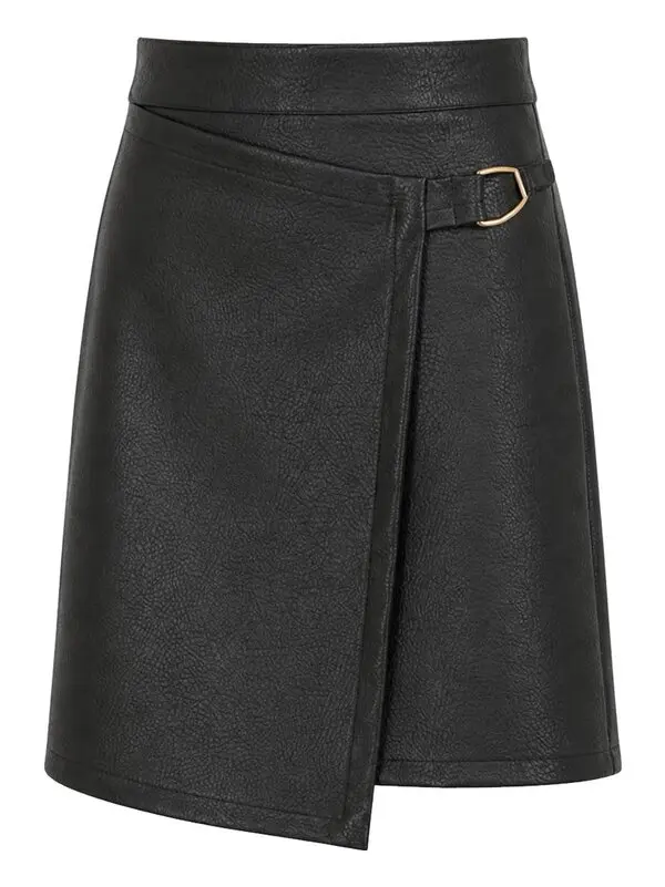 YUMI Faux Leather Wrap Skirt - Black