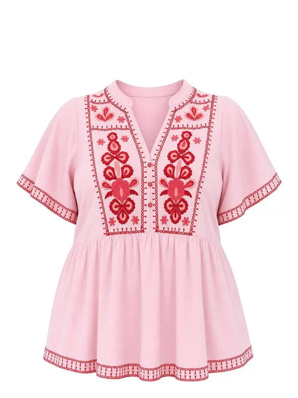 Adrift Clothing Pink / Red Elodie Flutter Sleeve Blouse In Rosita - Pink/red