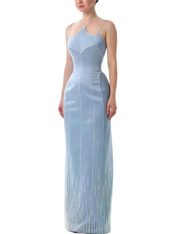 DINA MELWANI Crystal-trimmed Satin Maxi Dress - Blue