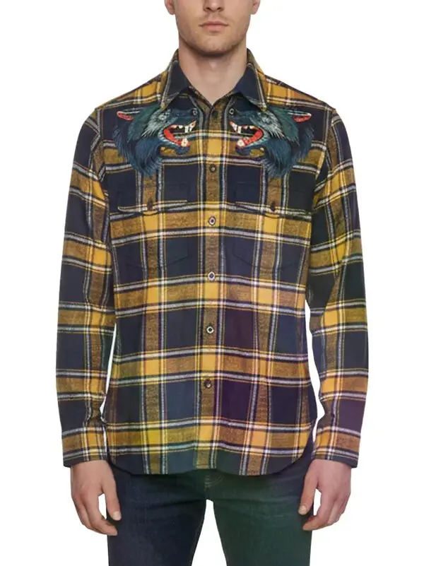 Gucci Wolf-embroidery Plaid Shirt - Blue